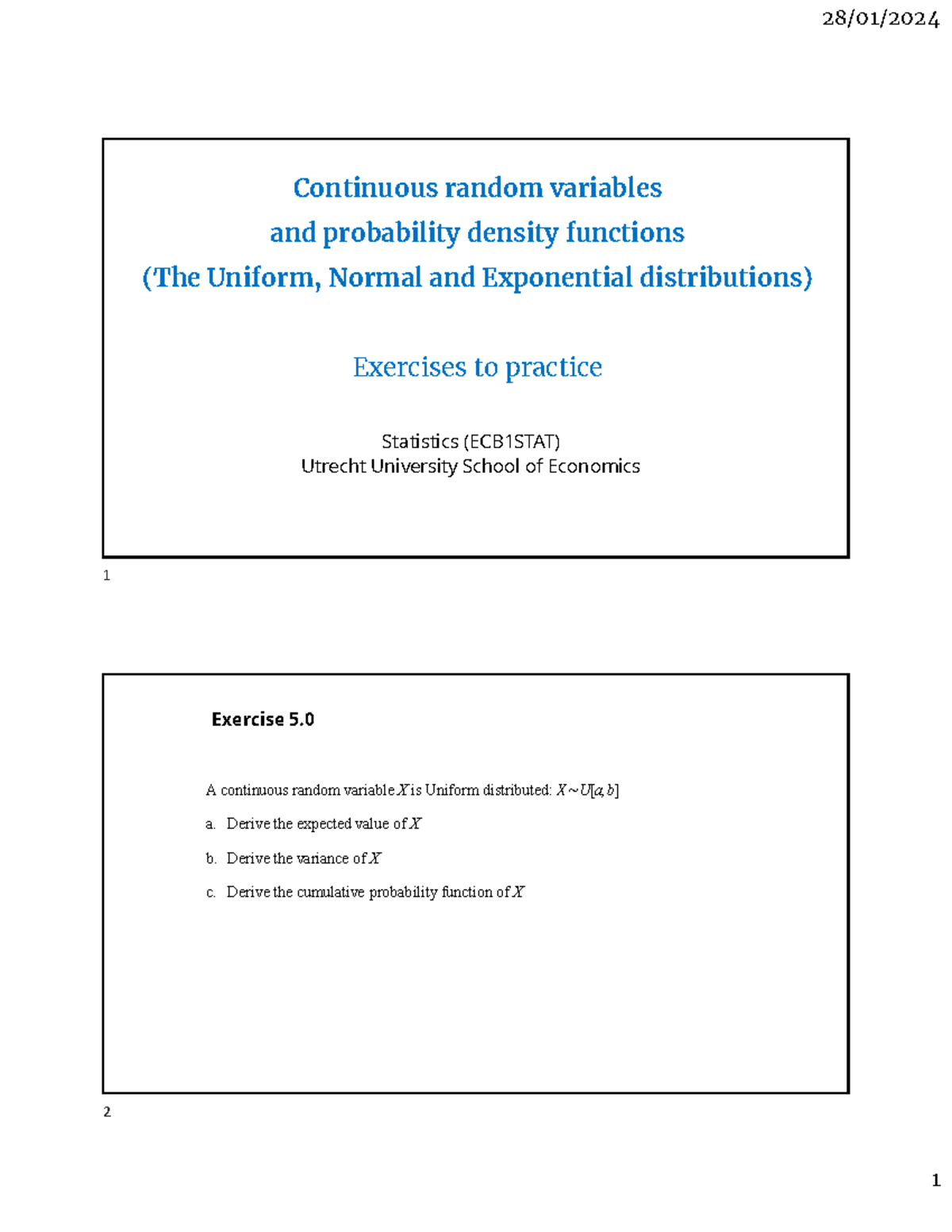Statistics Exercises on Continuous Random Variables (ECB1STAT ...