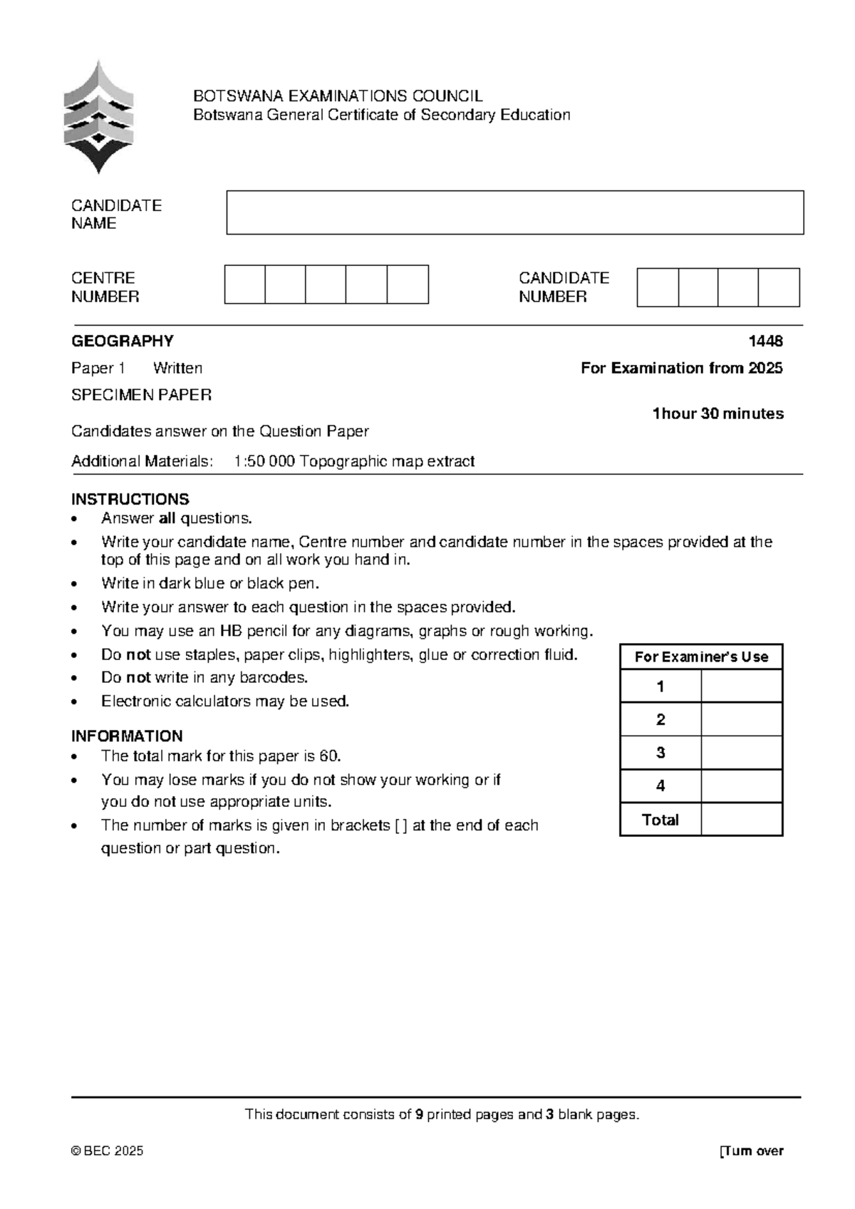 BEC 2025 Geography Specimen Paper 1: Exam Instructions & Questions ...