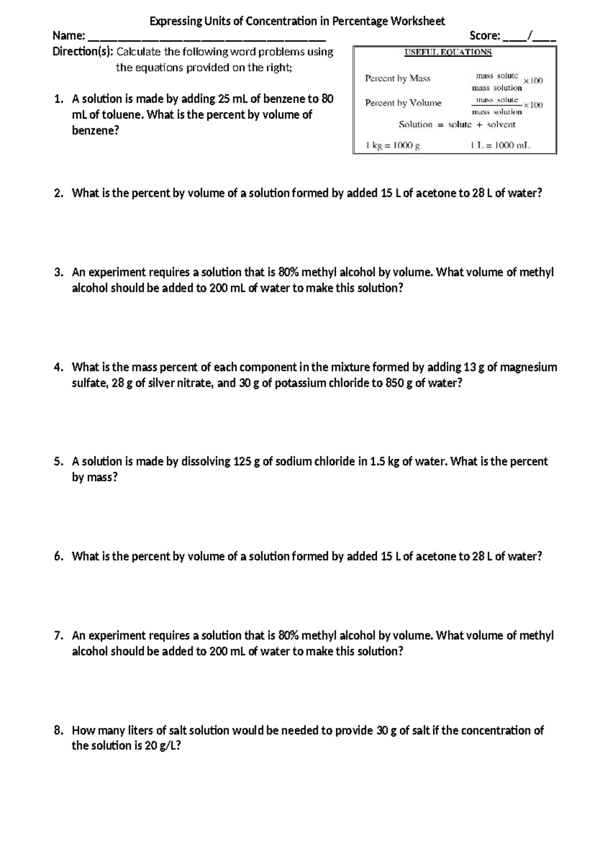 Concentration Word Problems Worksheet: Calculating Percentages - Studocu