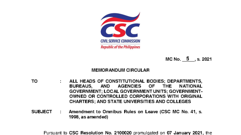 Amendments to Omnibus Rules on Leave (CSC MC No. 05, s. 2021) - Studocu