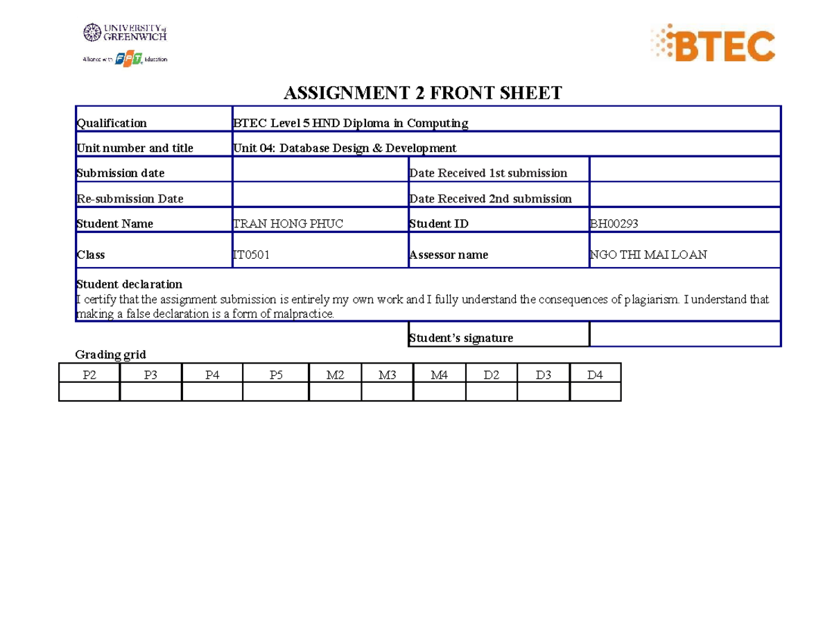 Unit 1 - Assignment 2 frontsheet (4) - ASSIGNMENT 2 FRONT SHEET Qualification BTEC Level 5 HND ...