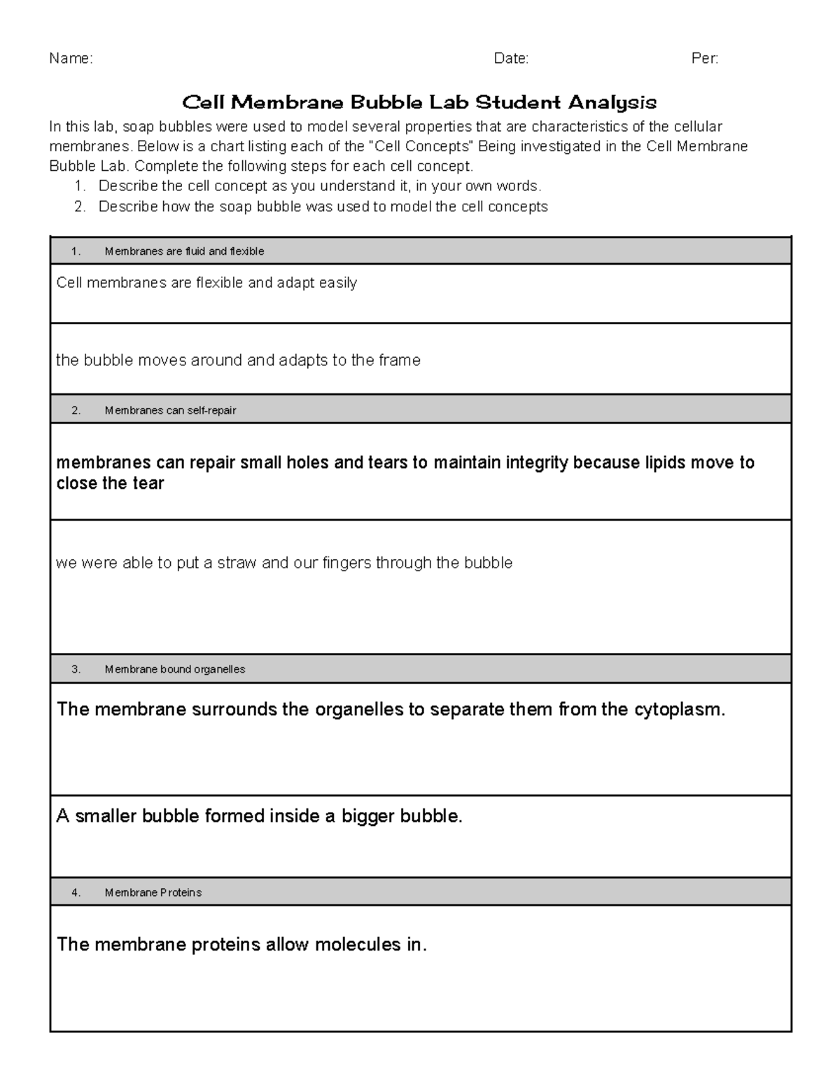 Cell Membrane Bubble Lab Analysis: Properties of Membranes - Studocu