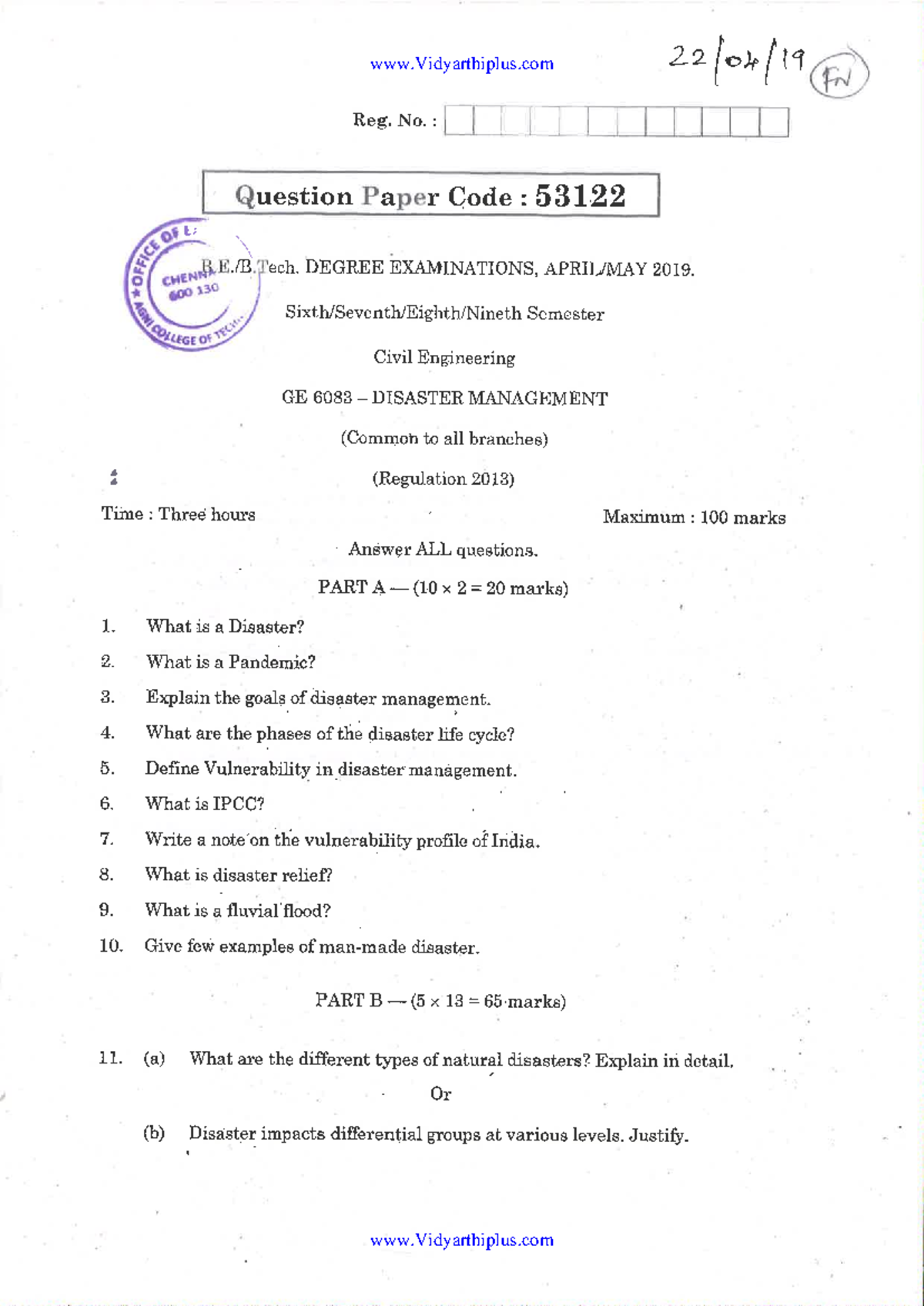 GE6083 - question paper - Disaster Management And mitigation ...
