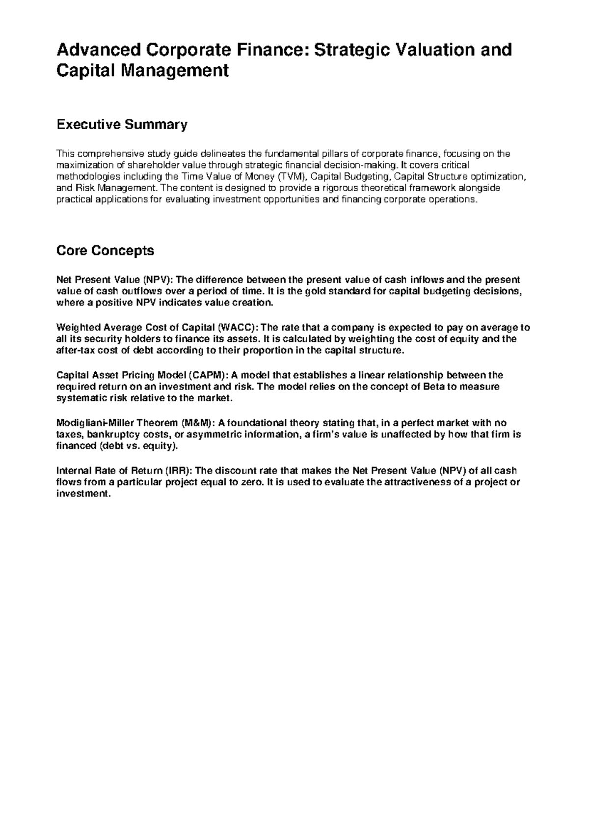 Advanced Corporate Finance: Valuation & Capital Management Summary ...