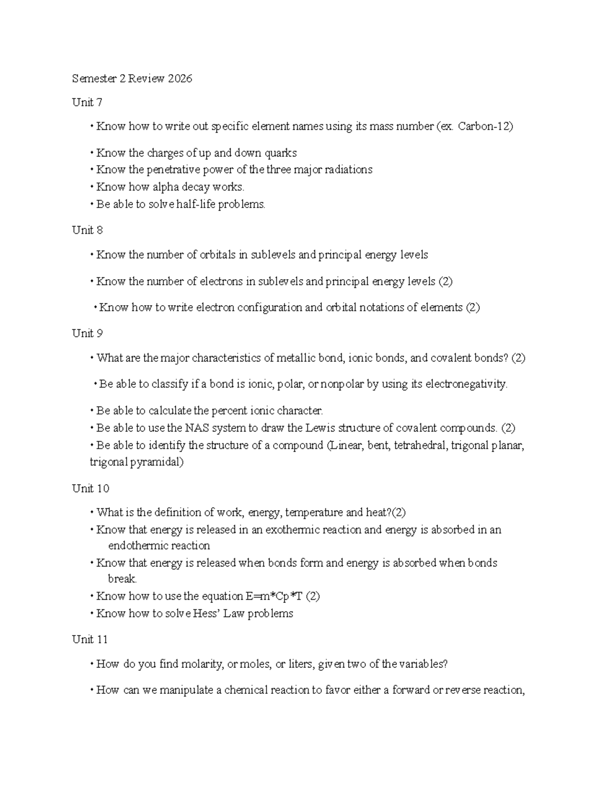 Semester 2 Chemistry Review 2026 - Studocu