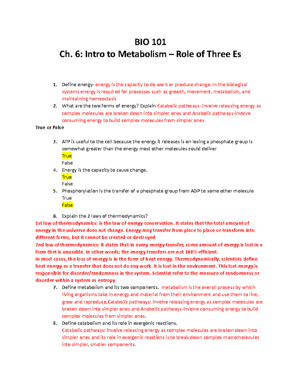 BIO 101 Final Exam Review: Ch. 6 - Metabolism & Energy Concepts - Studocu