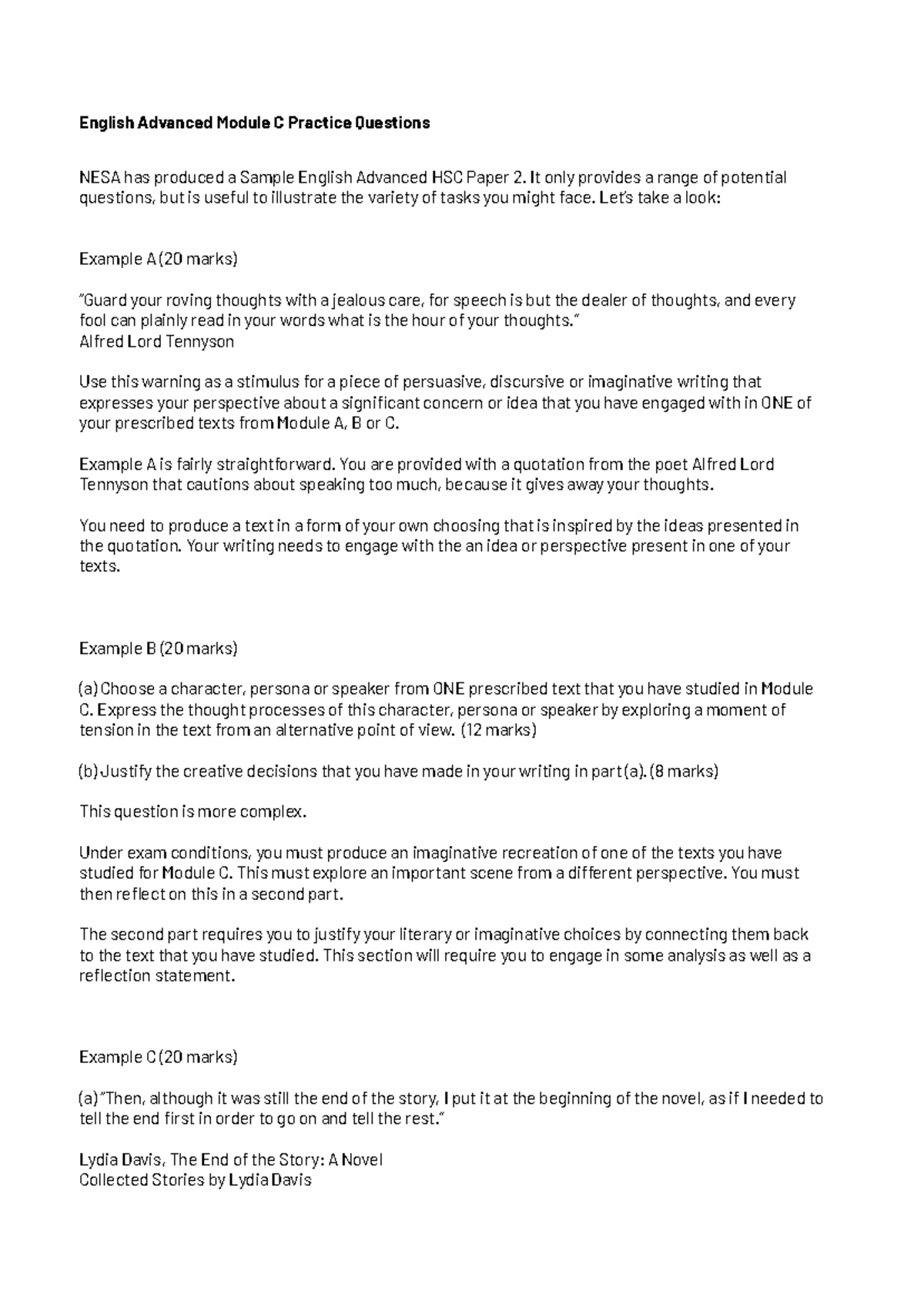 English Advanced Module C: HSC Practice Questions & Writing Prompts ...