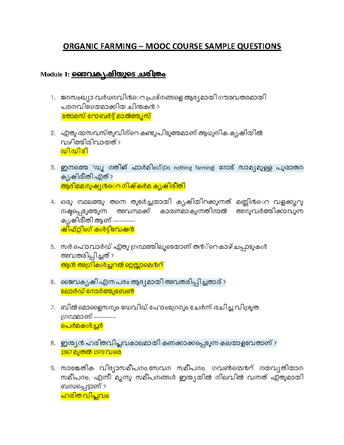 MOOC questions - ORGANIC FARMING – MOOC COURSE SAMPLE QUESTIONS Module ...