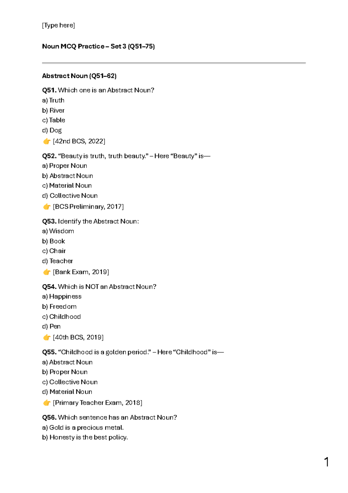 Noun MCQ Practice Set 3: Abstract Nouns & Answers (BCS) - Studocu