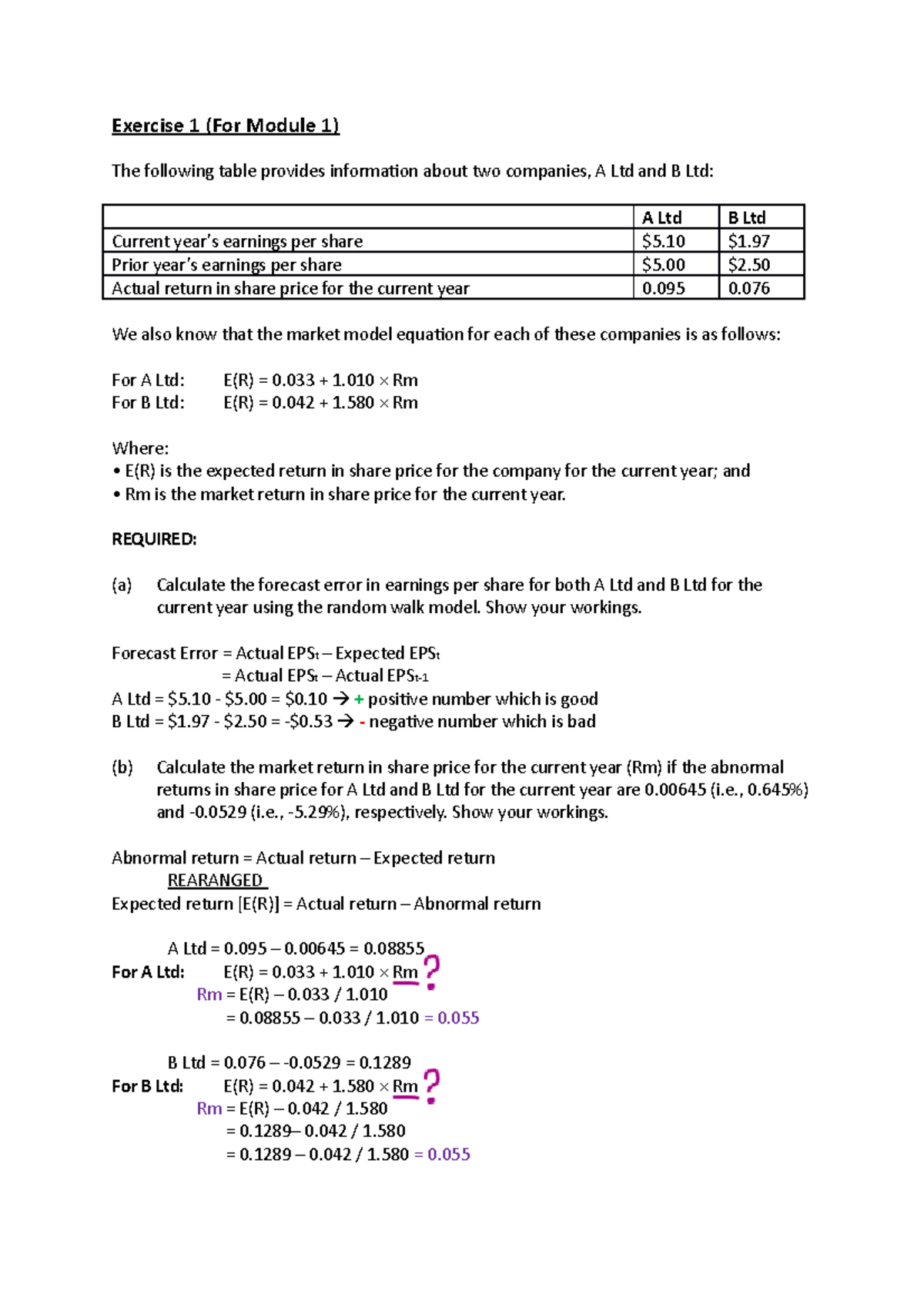 Modules 1 & 2 Class Exercises Questions - Exercise 1 (For Module 1) The ...