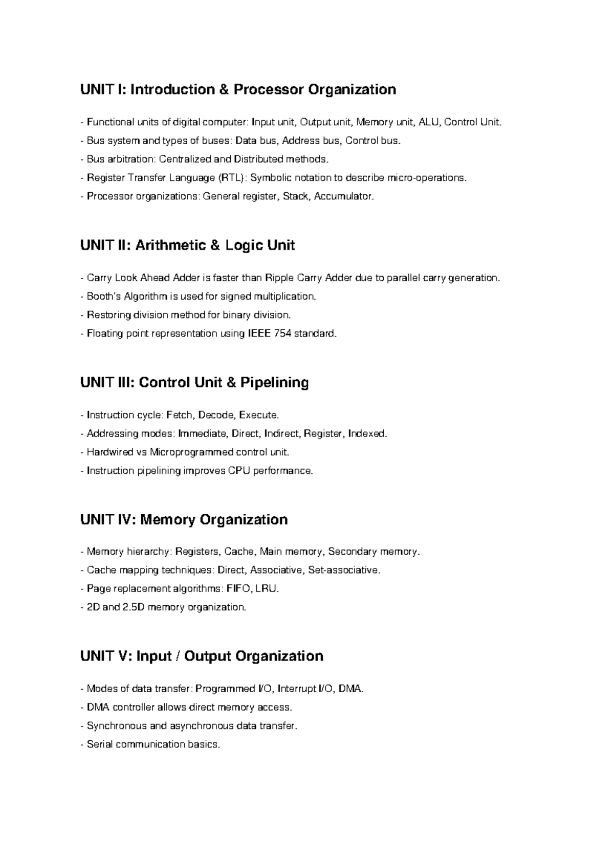COA Unit Wise Short Notes: Processor & Memory Organization - Studocu