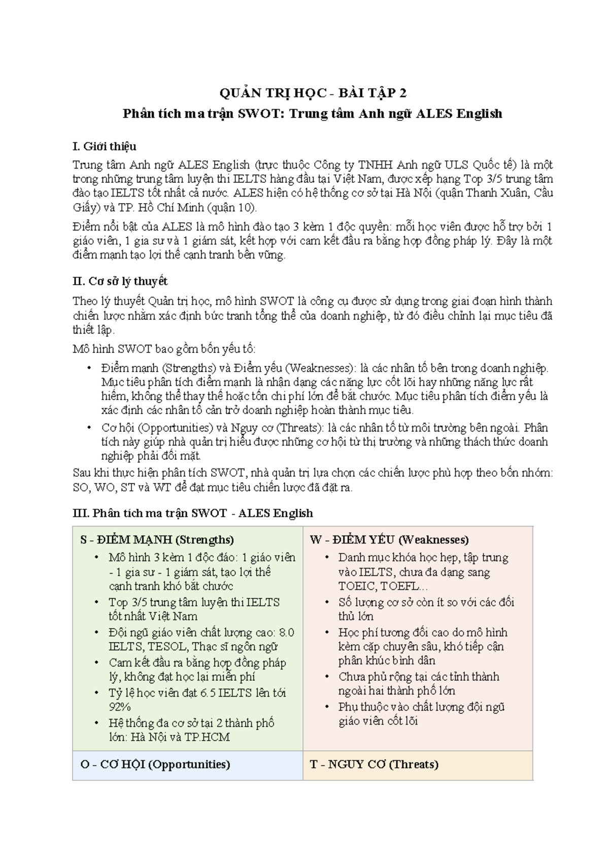QUẢN TRỊ HỌC BÀI TẬP 2: Phân Tích SWOT Trung Tâm ALES English - Studocu