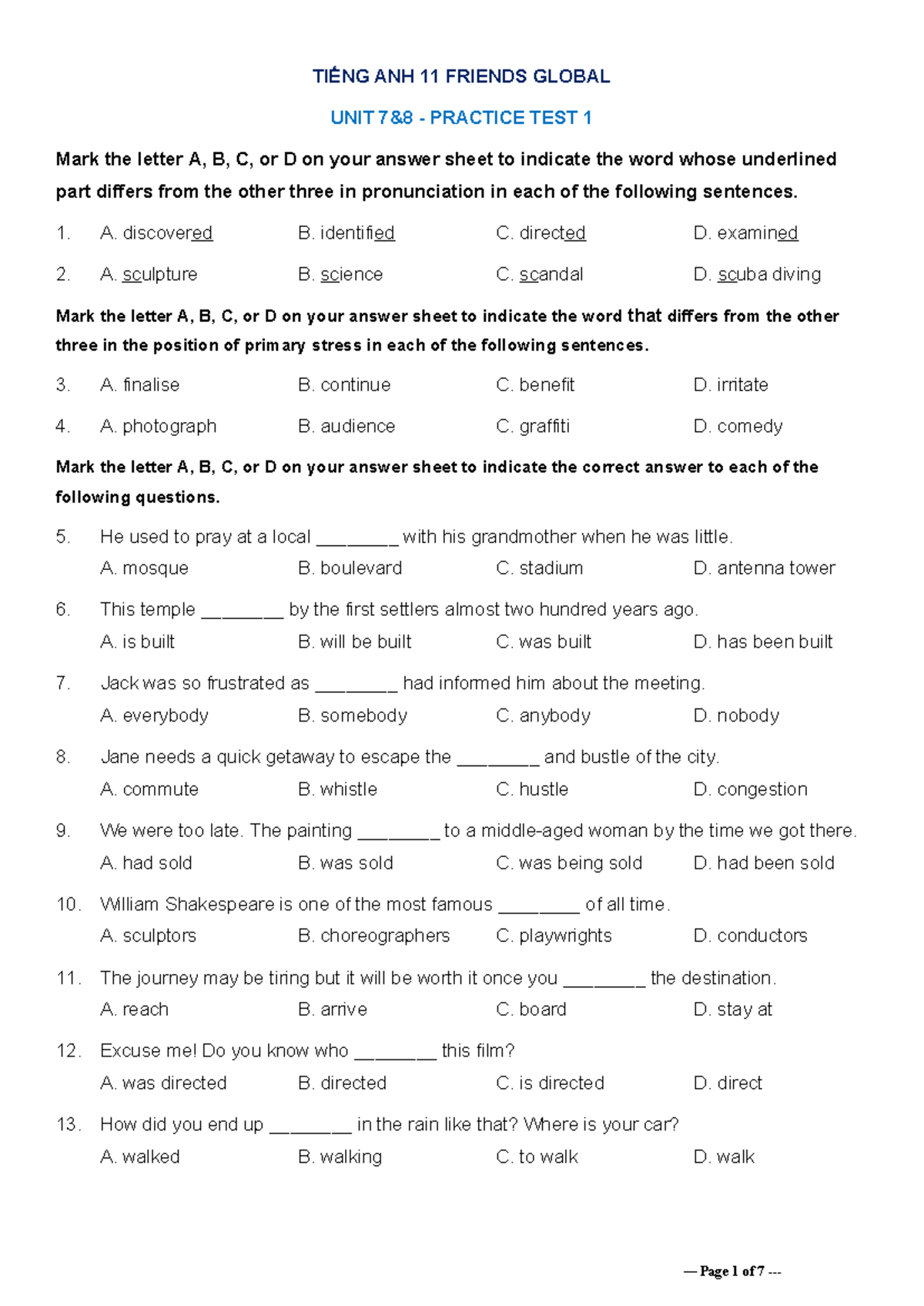 Tieng Anh 11 Friends Global - Unit 7&8 - Test 1 - TIẾNG ANH 11 FRIENDS ...