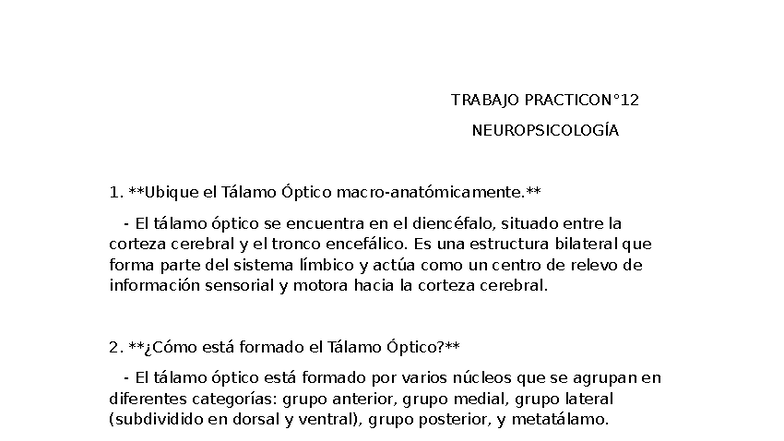 TP N°12: Estructura y Función del Tálamo Óptico en Neuropsicología ...