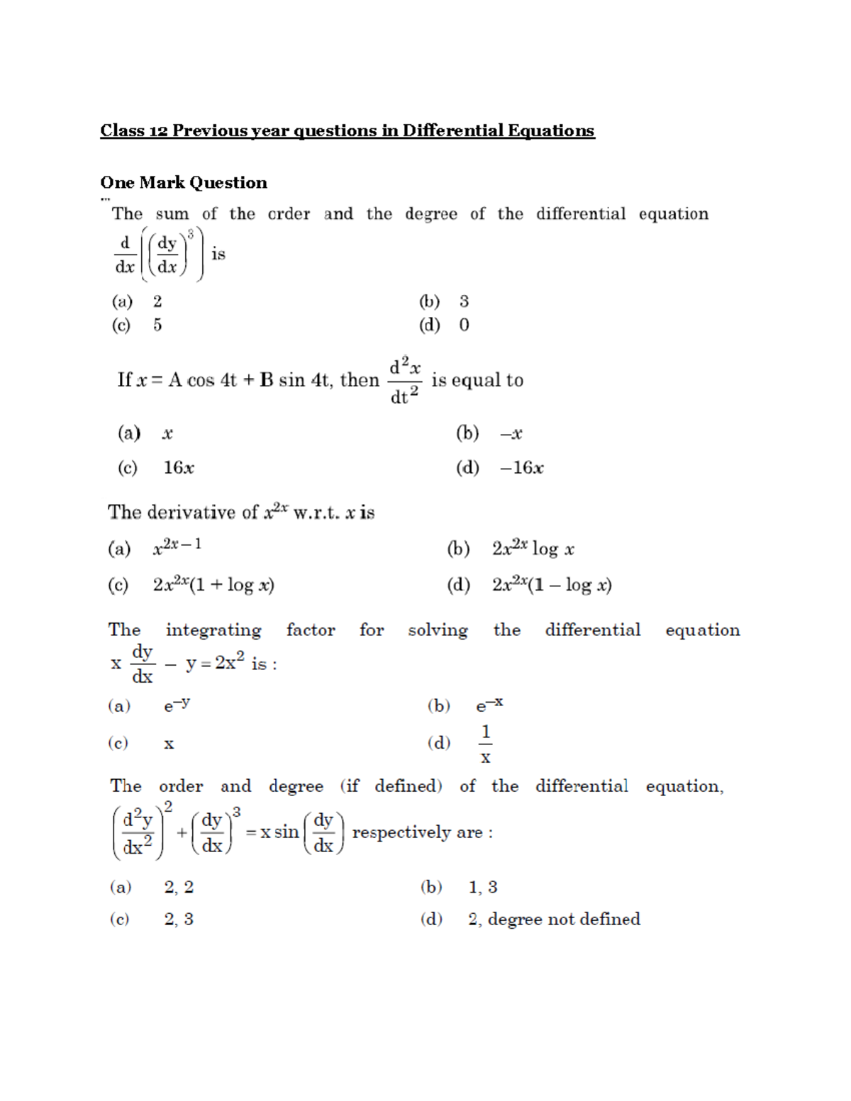 Class 12 Cbse Previous Year Questions Pyq In Differential Equations