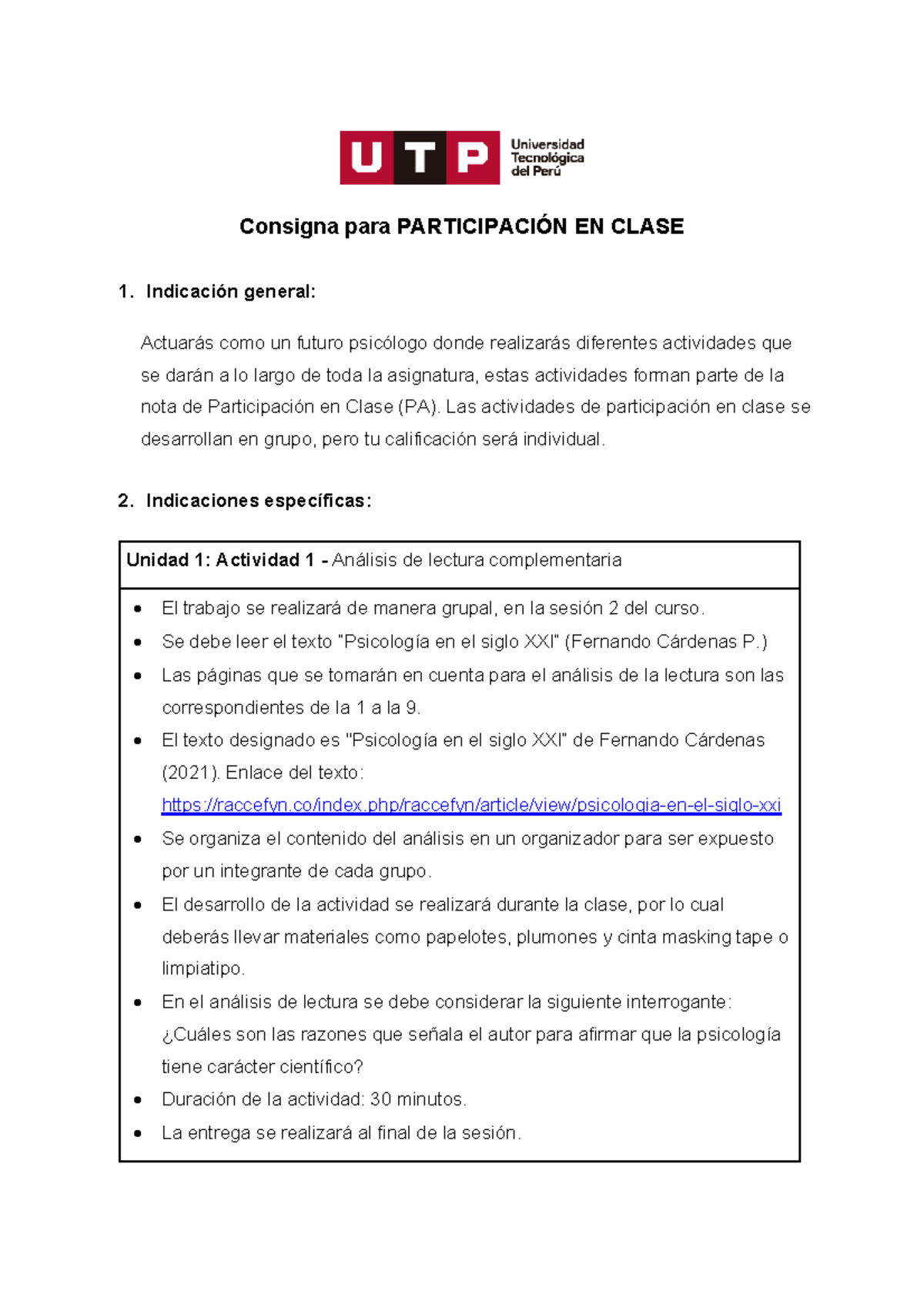 PA: Indicaciones y Criterios para Participación en Clase 1 - Studocu
