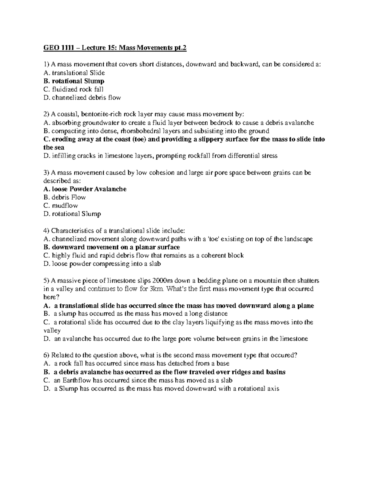 GEO Lecture 15A: Mass movements quiz questions and answers - Studocu