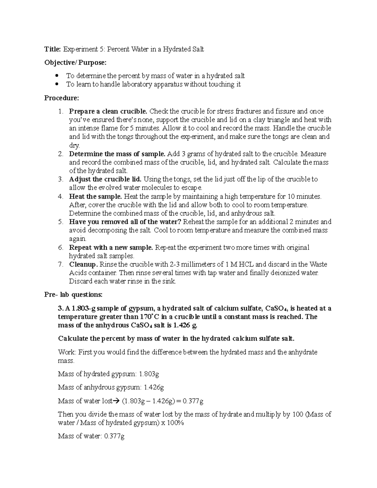 Experiment 5 Pre-Lab Questions: Percent Water in Hydrated Salt - Studocu