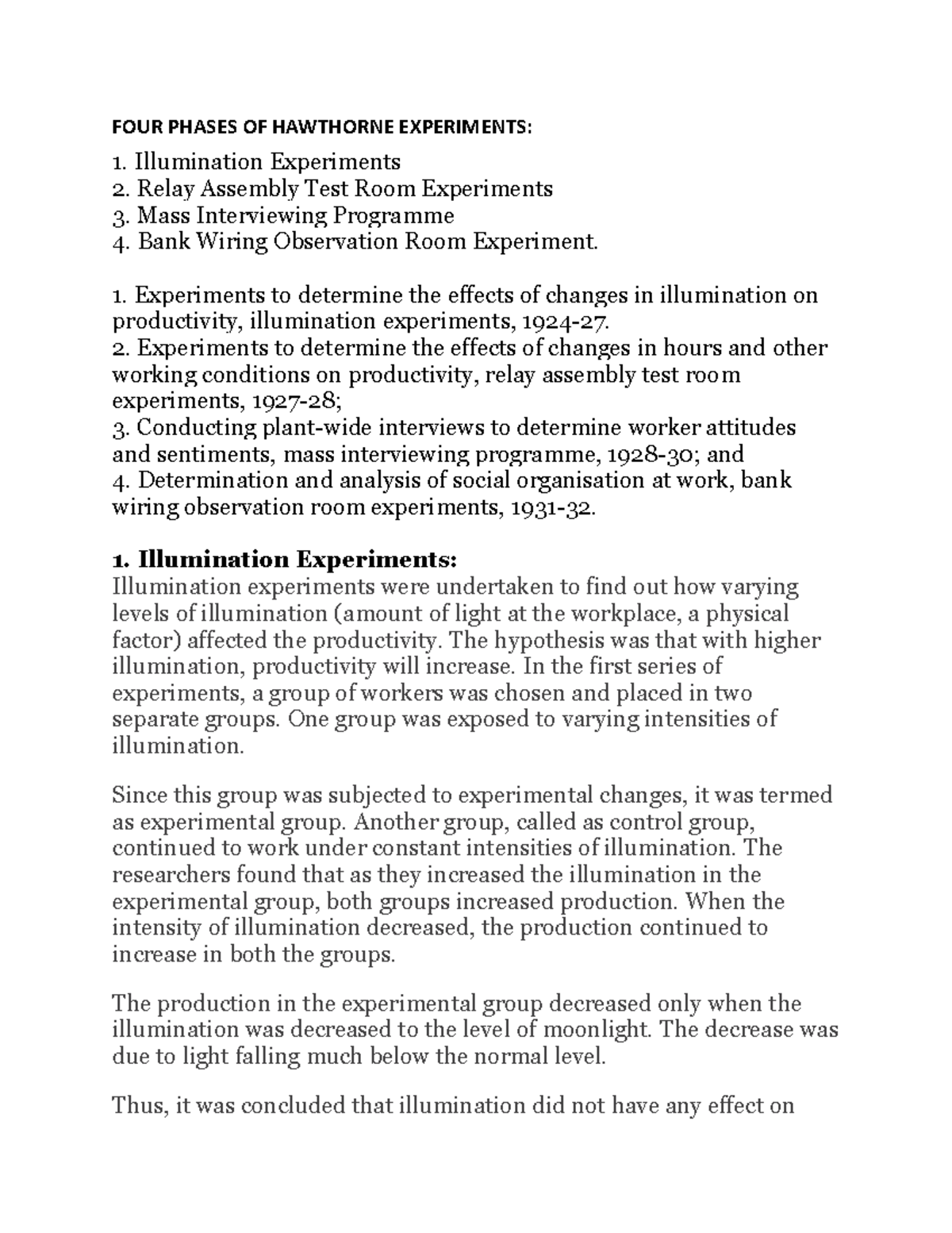 Lesson 1B - Overview of Hawthorne Experiments Phases and Findings - Studocu