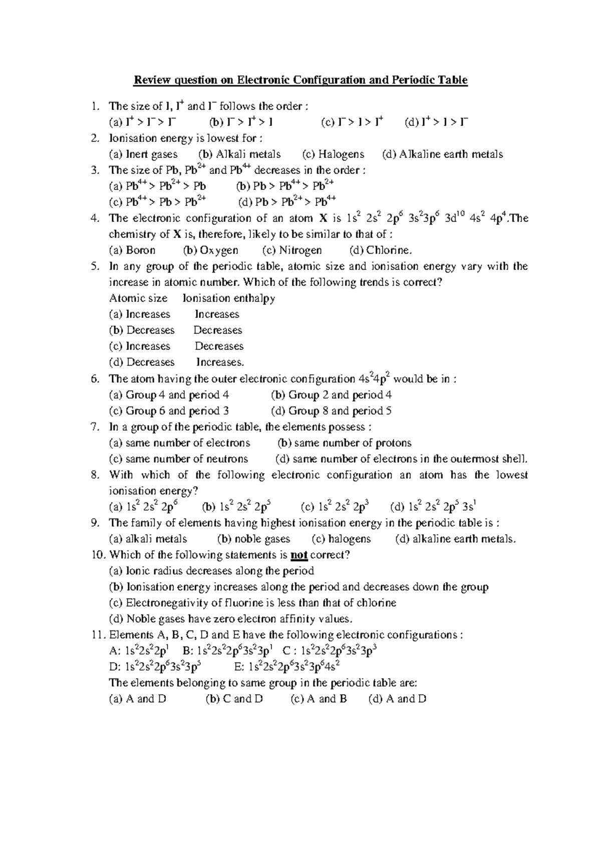 Review Questions on Electronic Configuration and Periodic Table ...