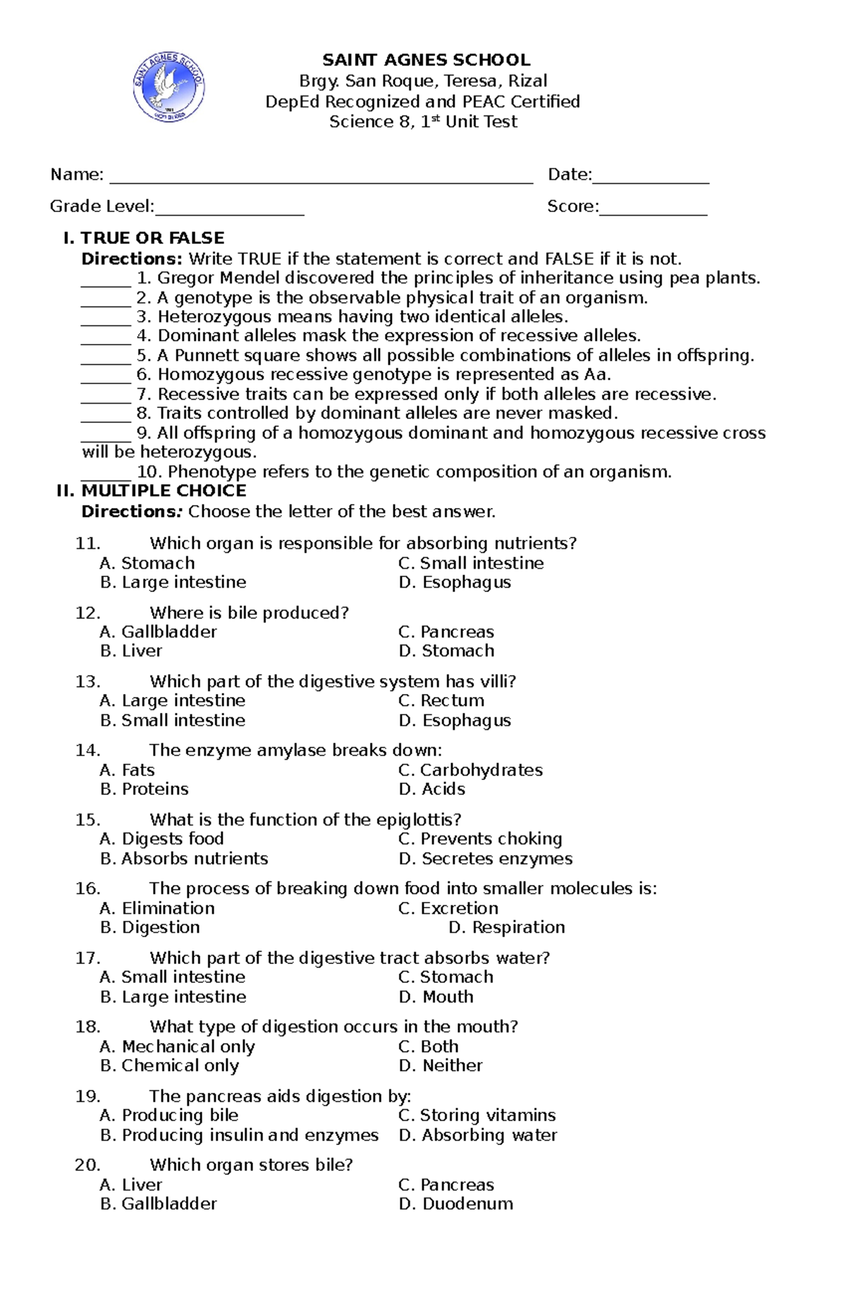 1st Unit Test Sci 8: True/False, MCQ, Identification & Enumeration ...