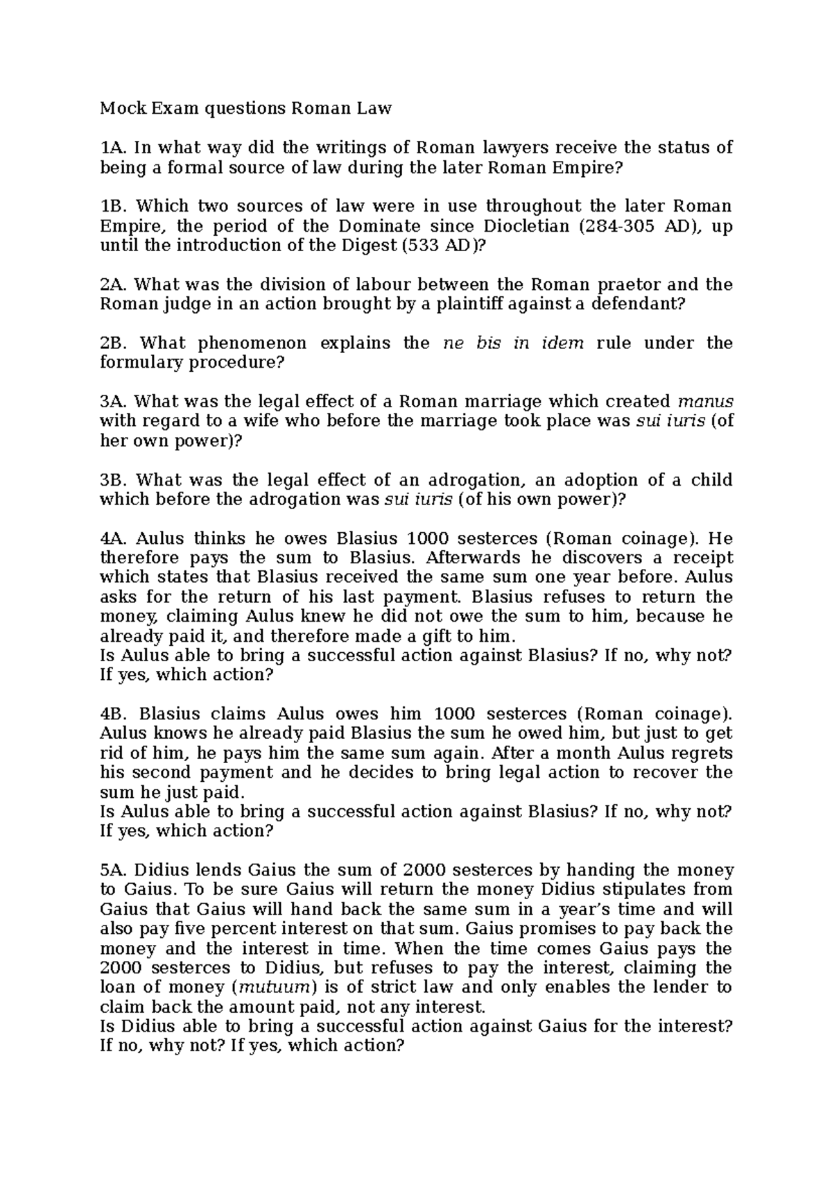 RL 101 Mock Exam Questions on Roman Law: Comprehensive Review - Studeersnel