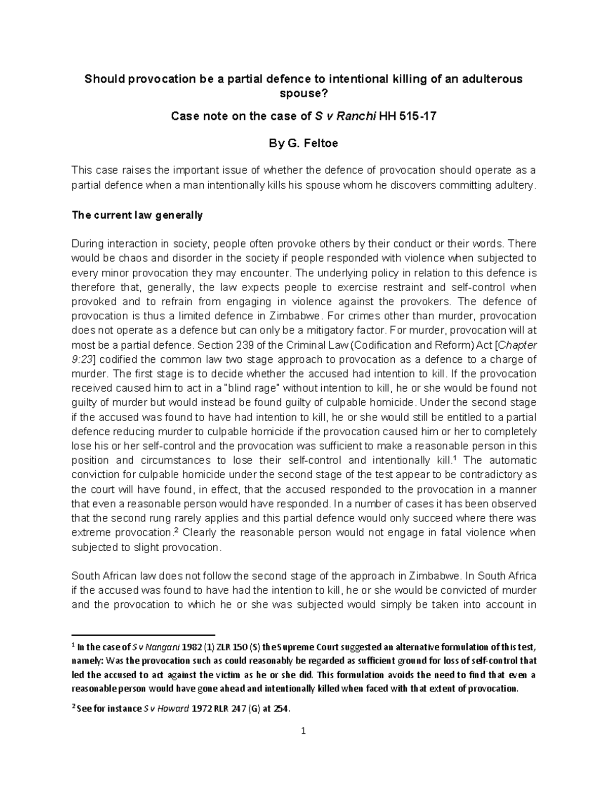 Provocation as a Partial Defence in Adultery-Related Homicide: A Case ...