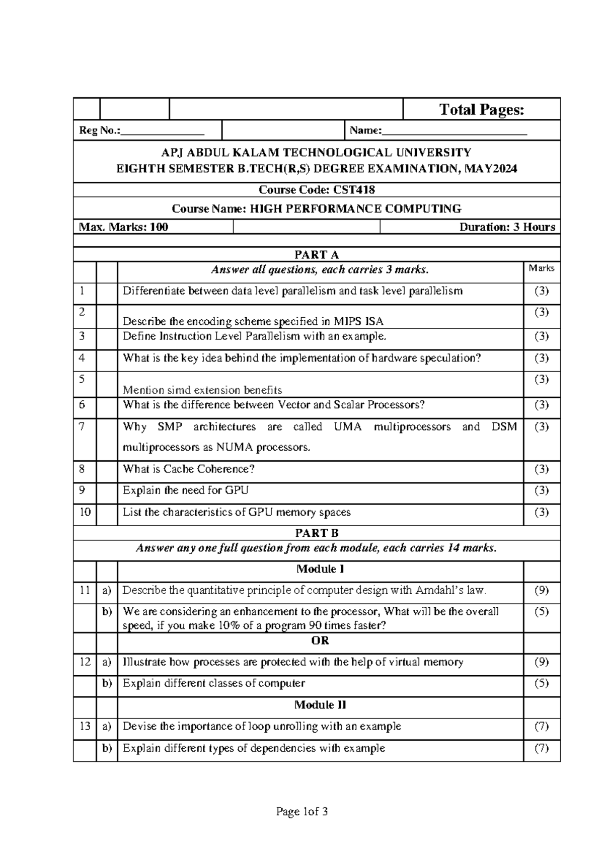 CST418 Eighth Sem B.Tech Exam QP - High Performance Computing - Studocu