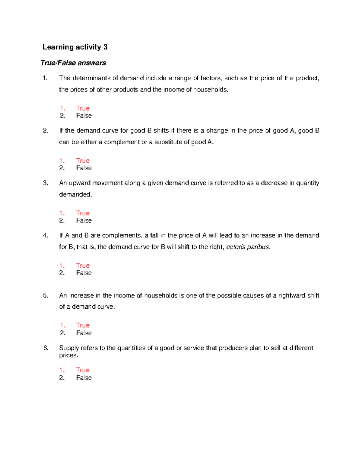 Learning activity 5 answers - Learning activity 5 True/False answers If ...