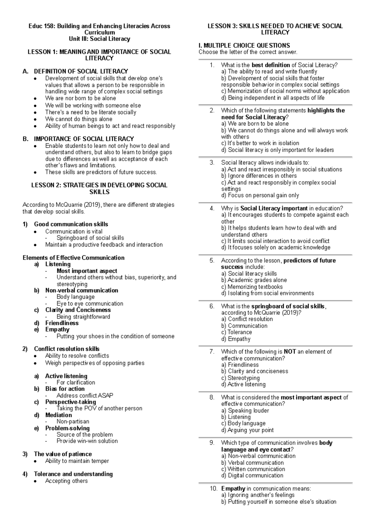 Educ 158: Social Literacy Unit III - Importance & Skills for Success ...