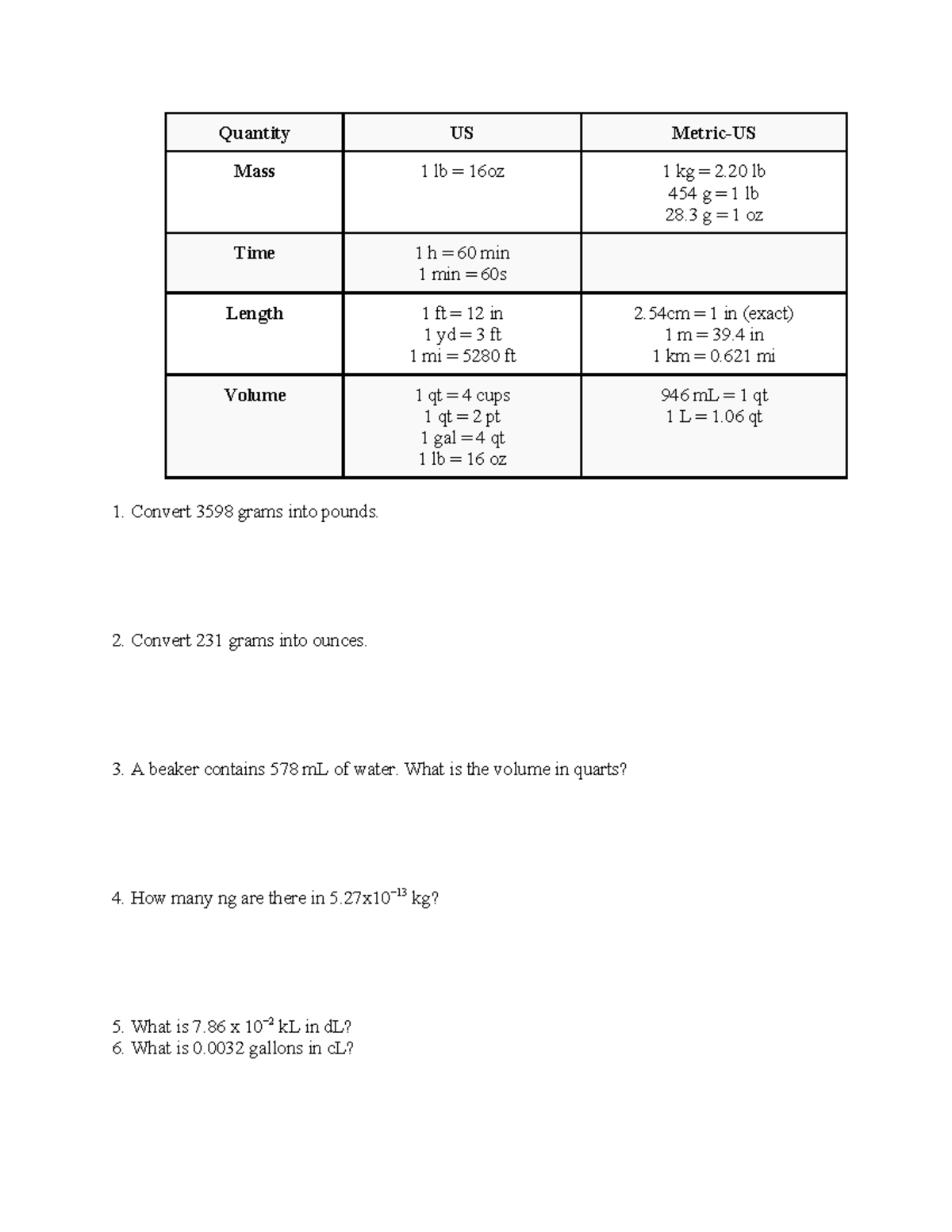 Unit Conversion Practice Problems & Solutions (CHEM 101) - Studocu
