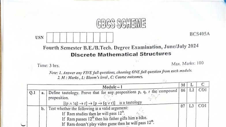 BCS405A Fourth Semester Discrete Mathematical Structures Exam Papers ...