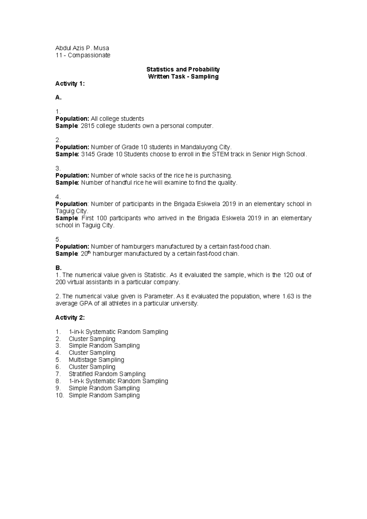 Musa - Written Task V-VII: Statistics & Probability Sampling Activities ...