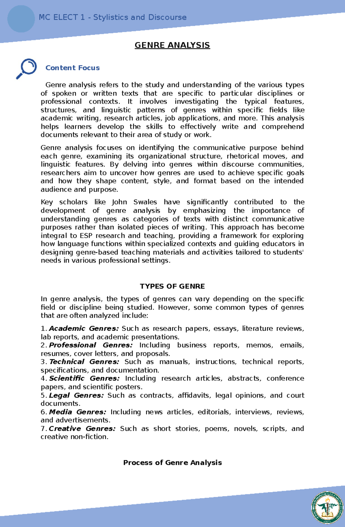 MC ELECT 1 - Genre Analysis: Understanding Text Types and Structures ...