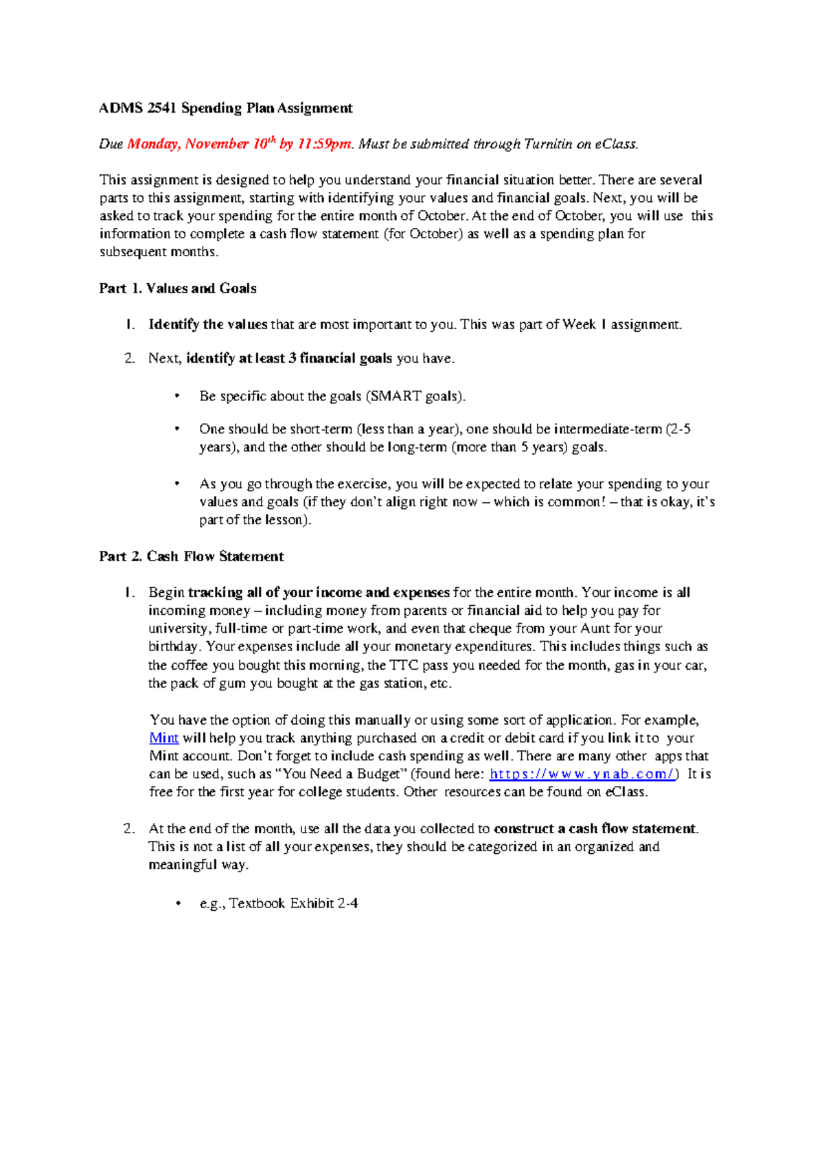 ADMS 2541 Spending Plan Assignment Guide W2025 - Studocu