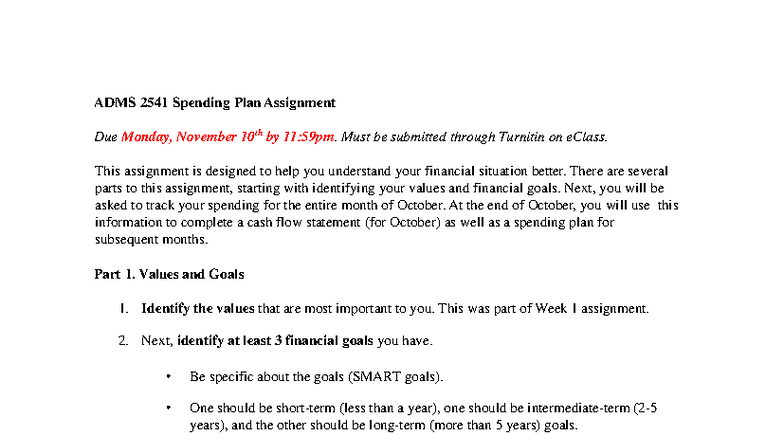 ADMS 2541 Spending Plan Assignment Guide W2025 - Studocu