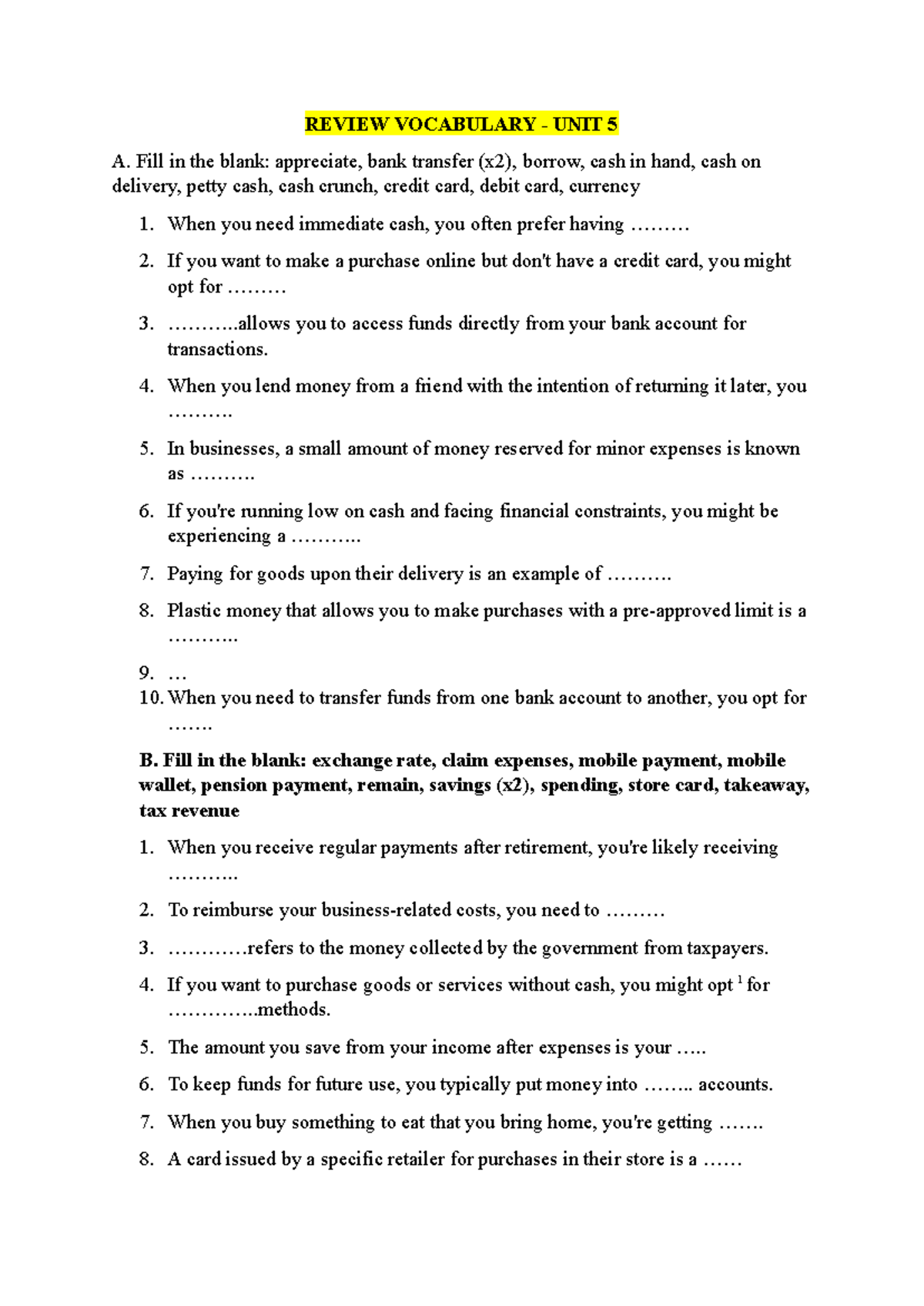 Test%20vocab%20u5-8 - tài liệu ôn thi ck - REVIEW VOCABULARY - UNIT 5 A ...