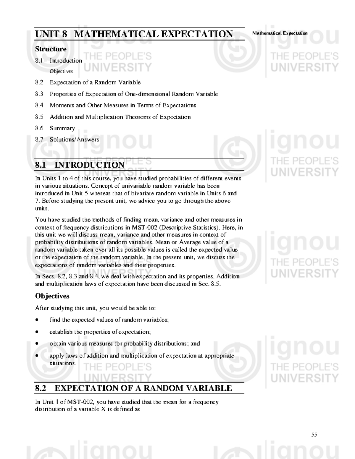 Unit 8 - Probability Theory: Mathematical Expectation and Its ...