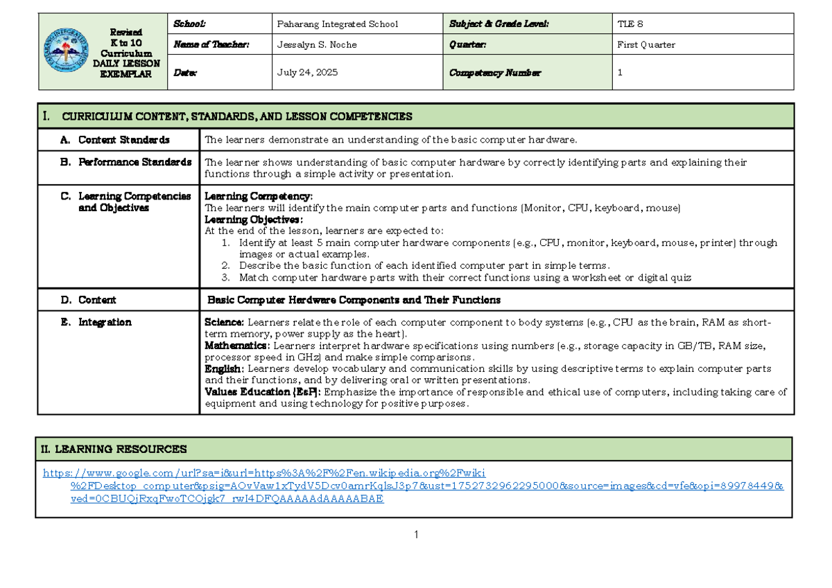 Q1.1 - Daily Lesson Plan on Computer Parts for TLE 8 - Studocu