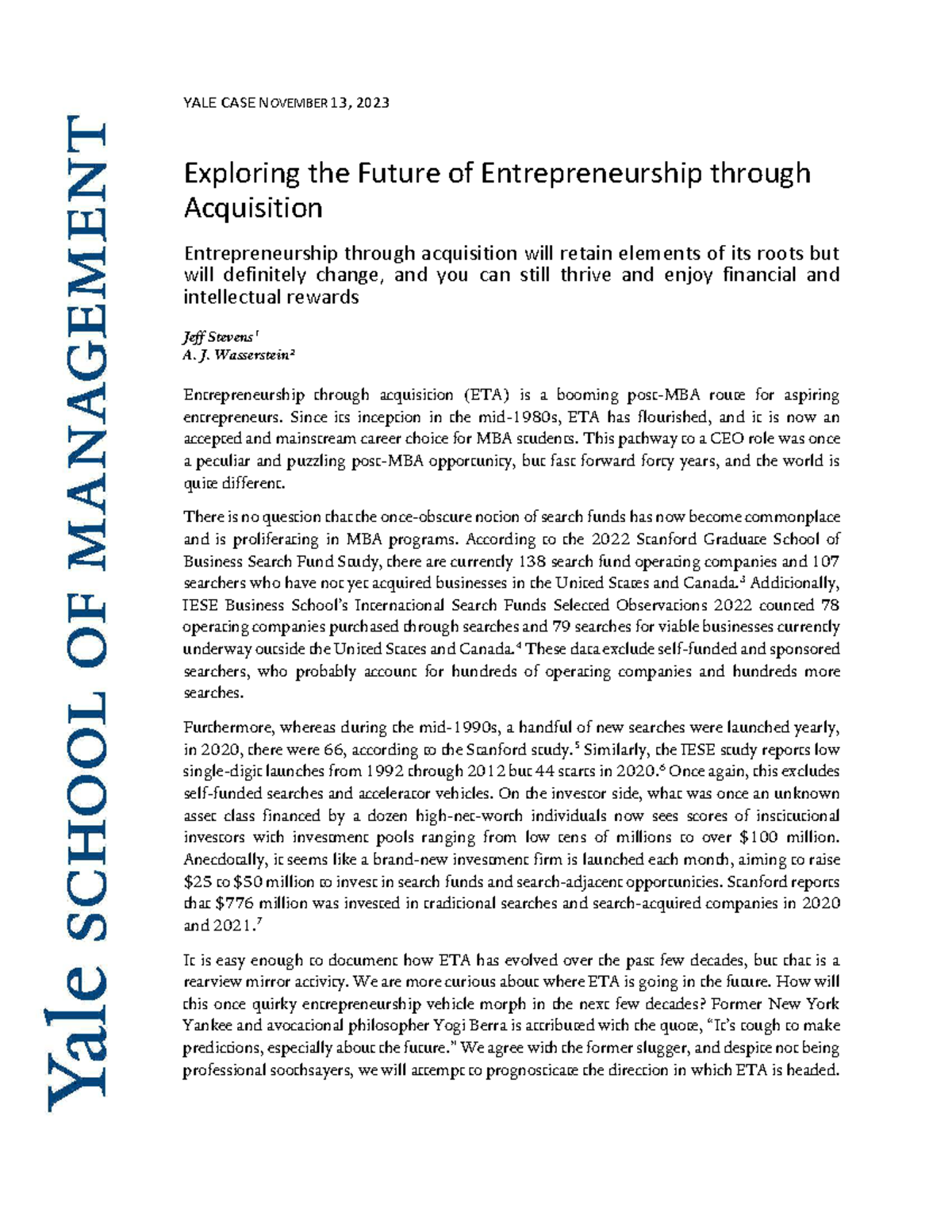 YALE CASE STUDY: The Evolution of Entrepreneurship Through Acquisition ...