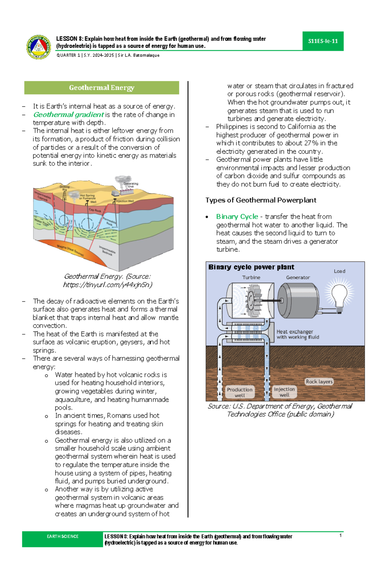 S11ES-Ie-11 Earth Science Lesson 8: Geothermal & Hydroelectric Energy ...