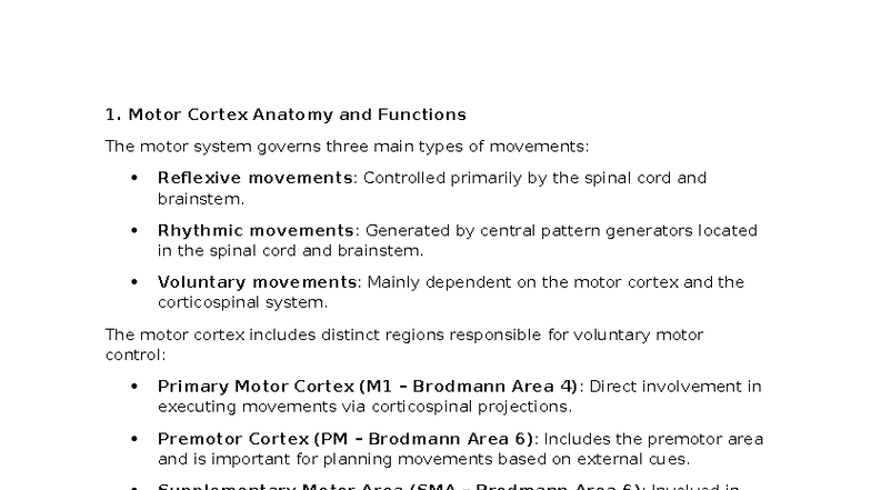 Motor Control Summary: Anatomy & Functions of the Motor Cortex - Studocu