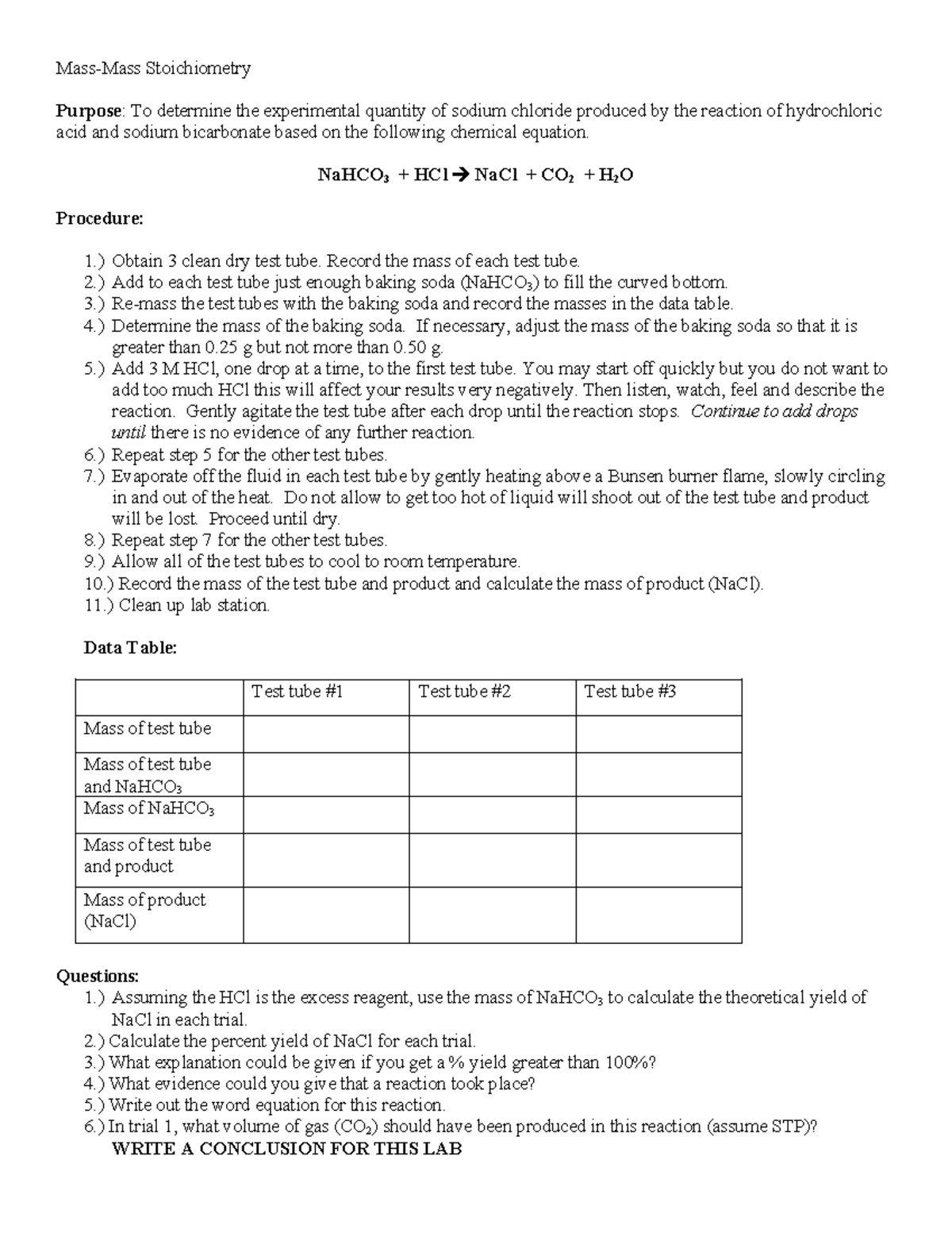 Mass to Mass Lab - chem lab work - Mass-Mass Stoichiometry Purpose: To ...