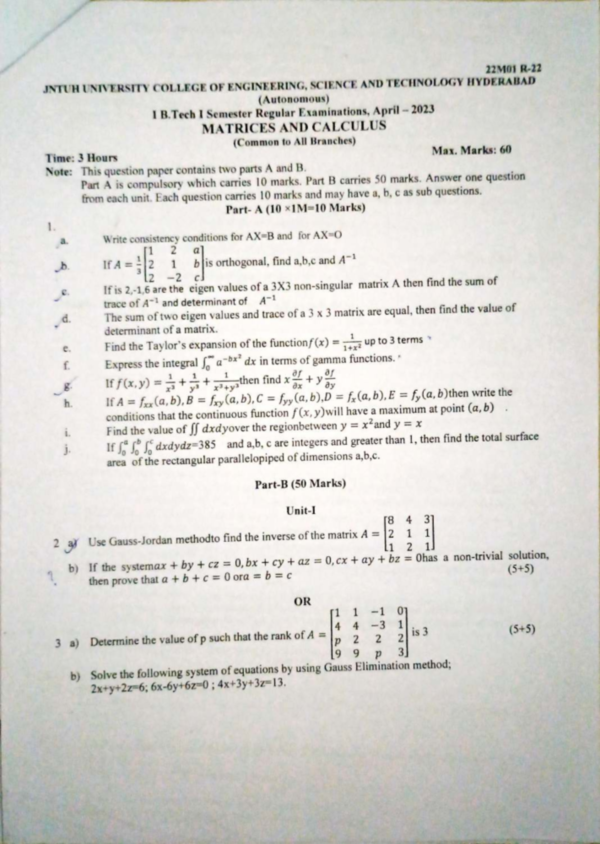 22M01 Final Exam: Matrices and Calculus - CSE-R22, April 2023 - Studocu