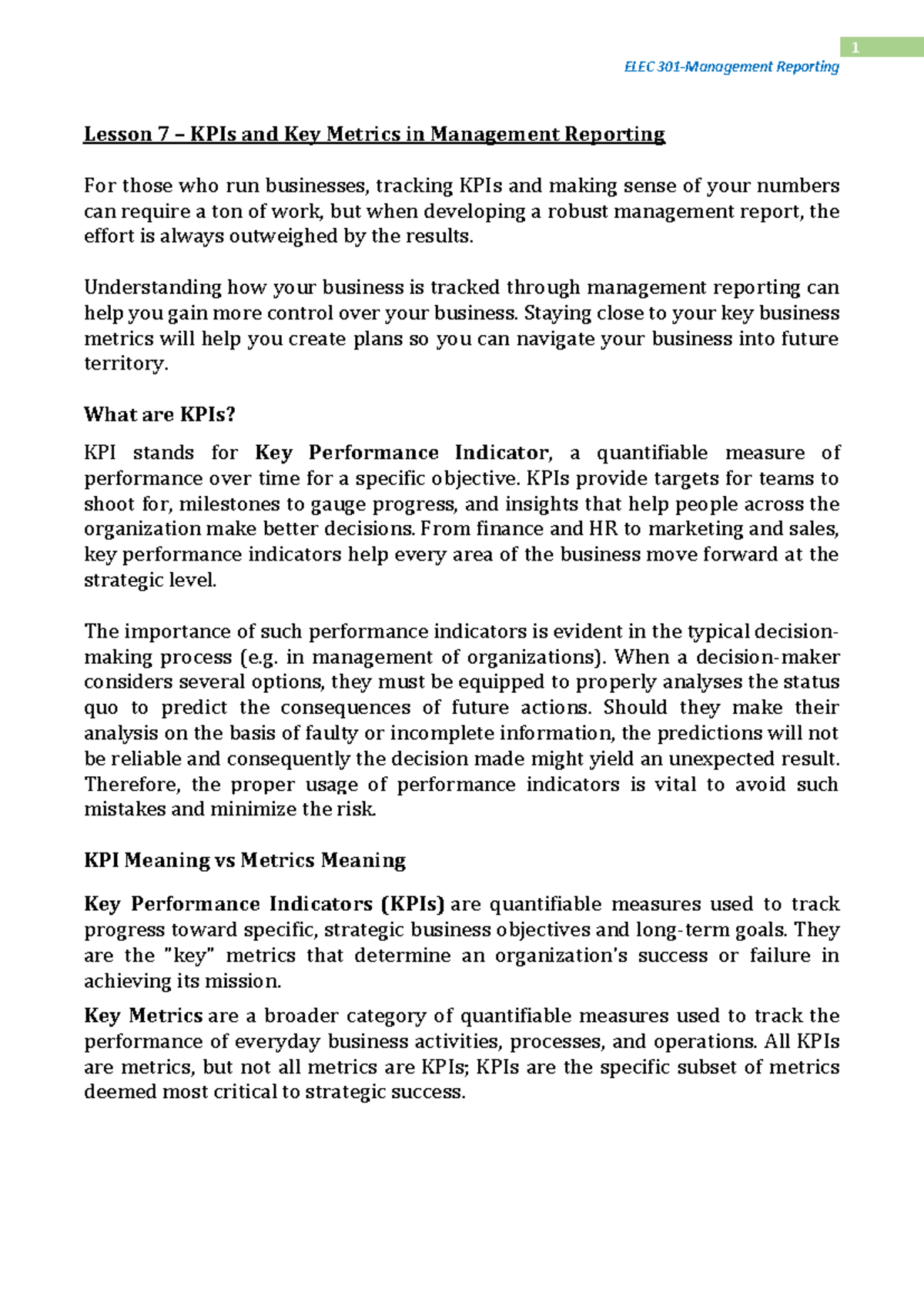 1 ELEC Reporting Lesson 7: Understanding KPIs & Key Metrics in ...