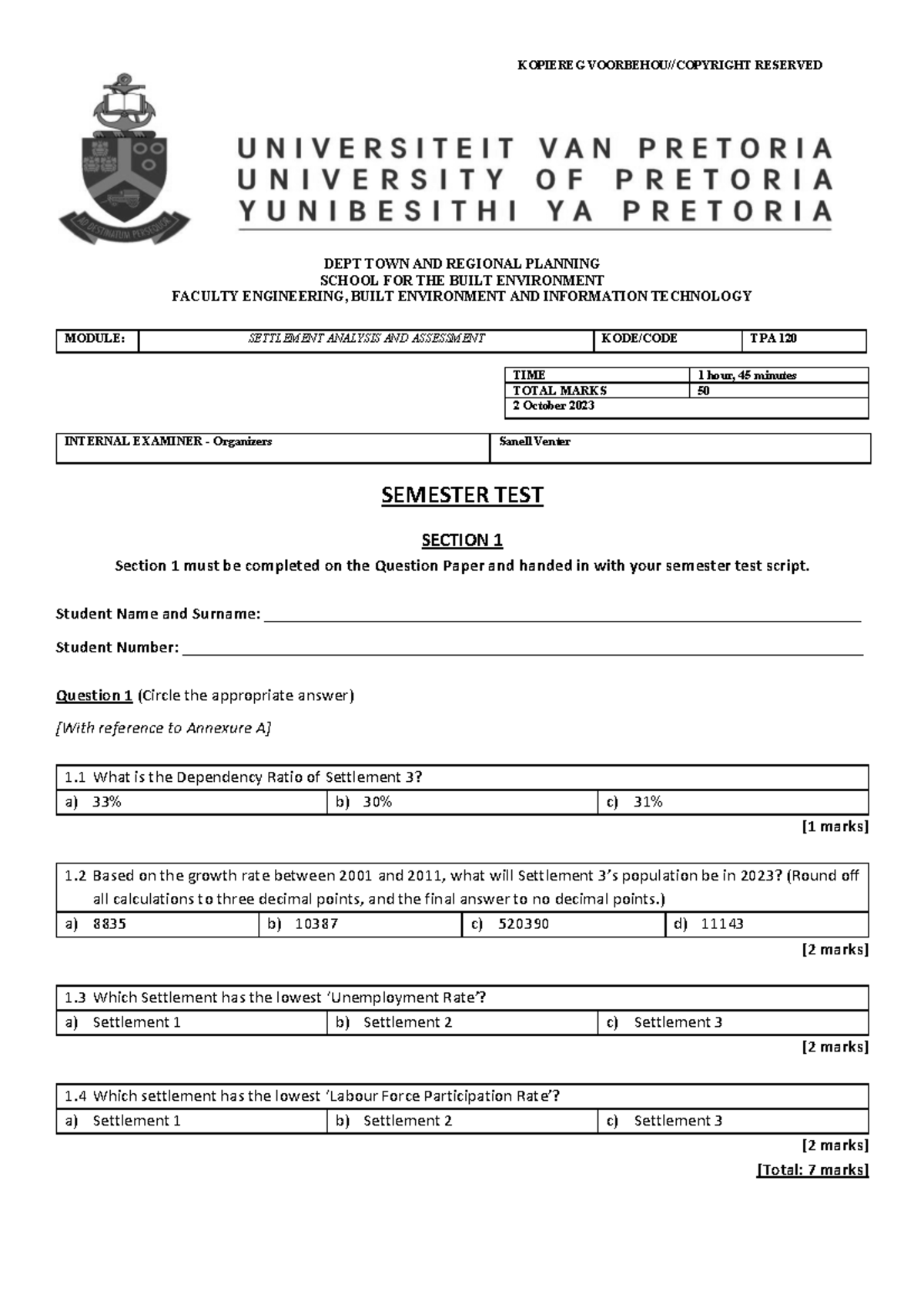 TPA 120 Settlement Analysis Semester Test 2023 - Question Paper - Studocu