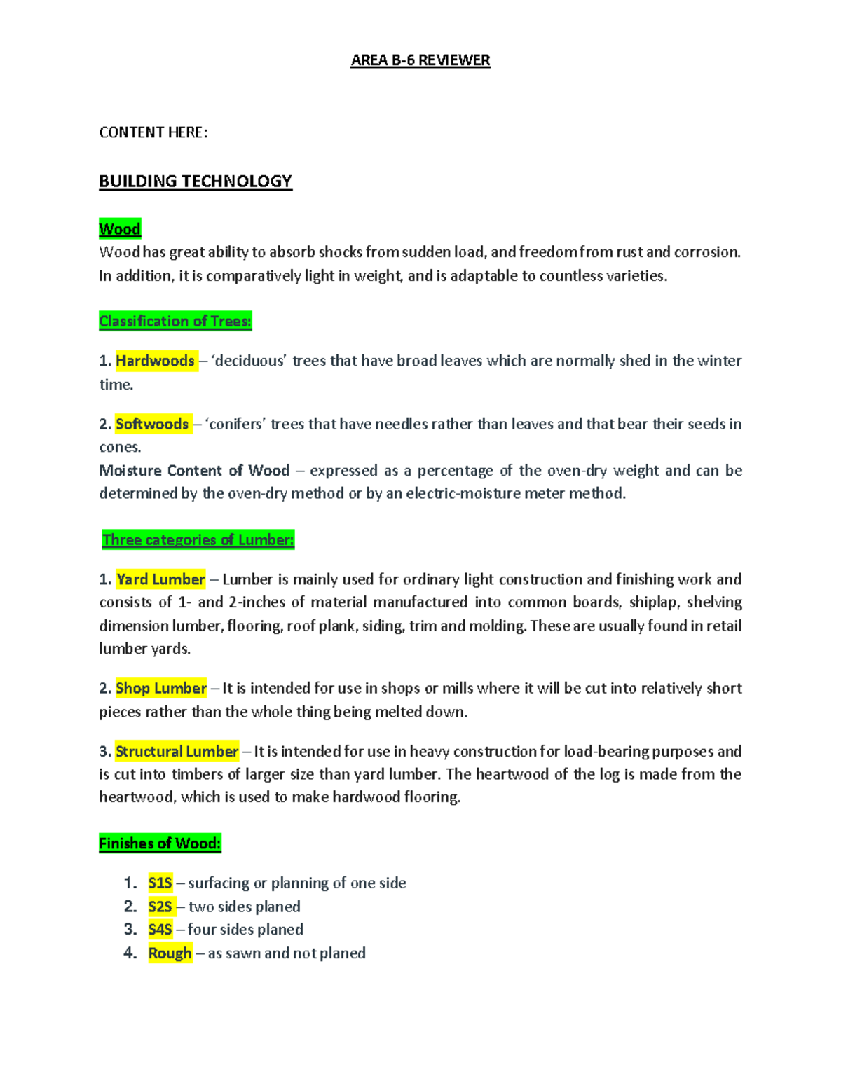 Reviewer AREA-B - BT-BU - CONTENT HERE: BUILDING TECHNOLOGY Wood Wood ...