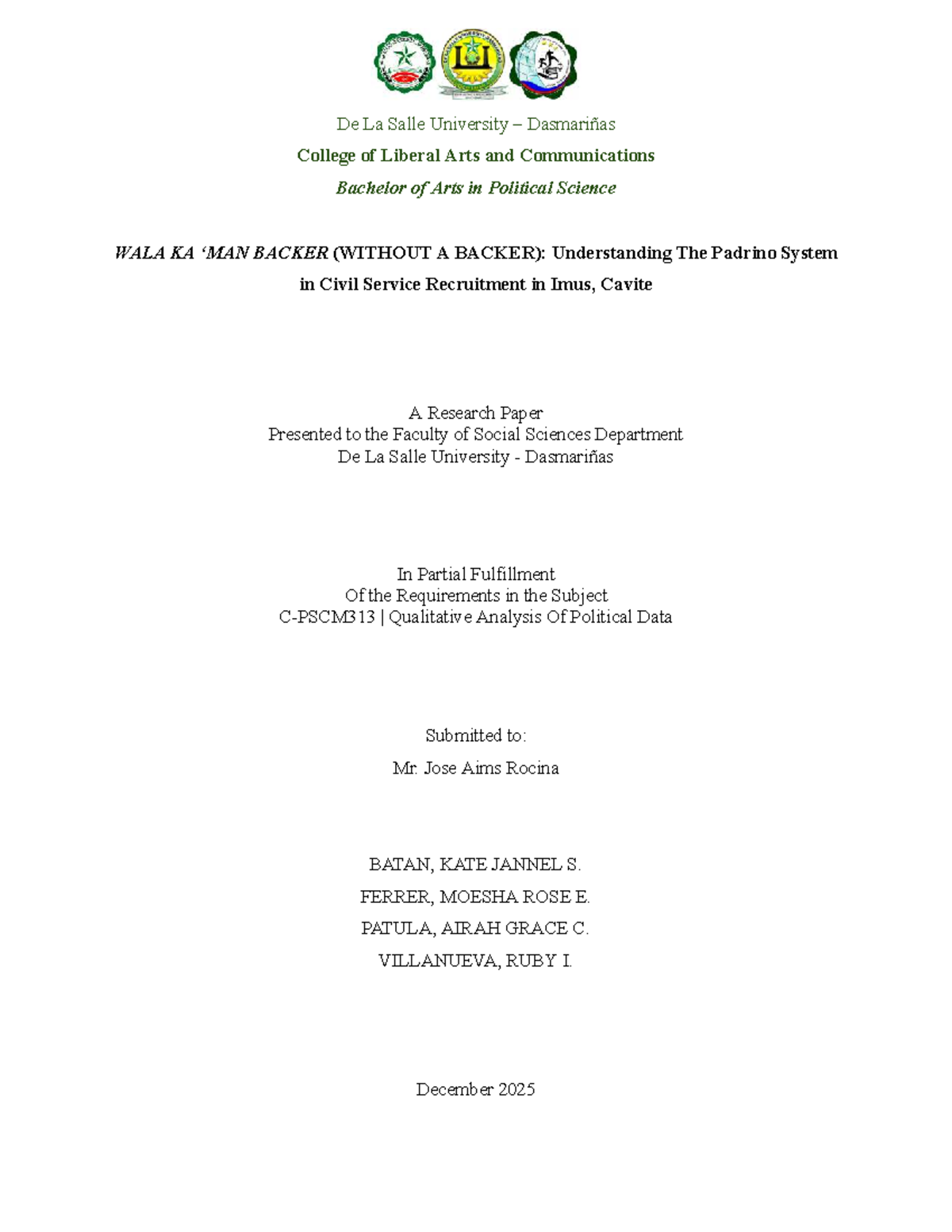 C-PSCM313 - Qualitative Analysis: The Padrino System in Civil Service ...