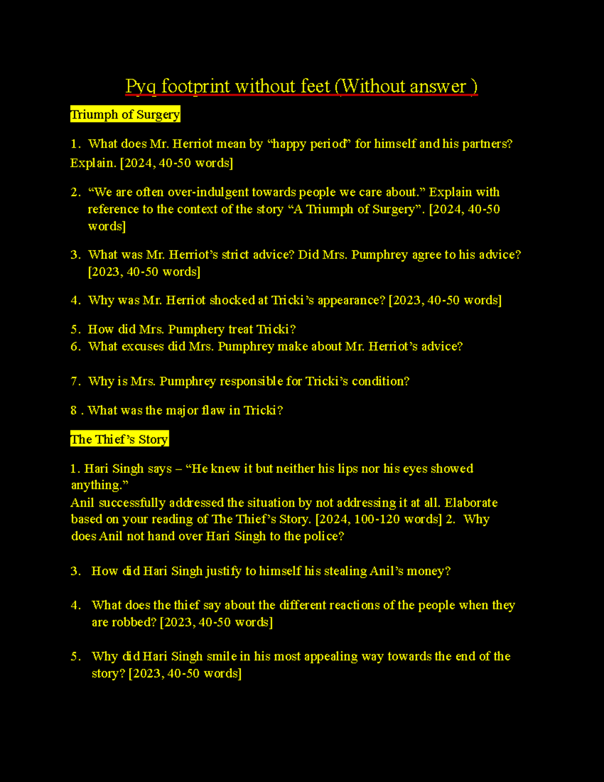 PYQ FWF Without Answer: Analysis of Key Stories and Characters - Studocu