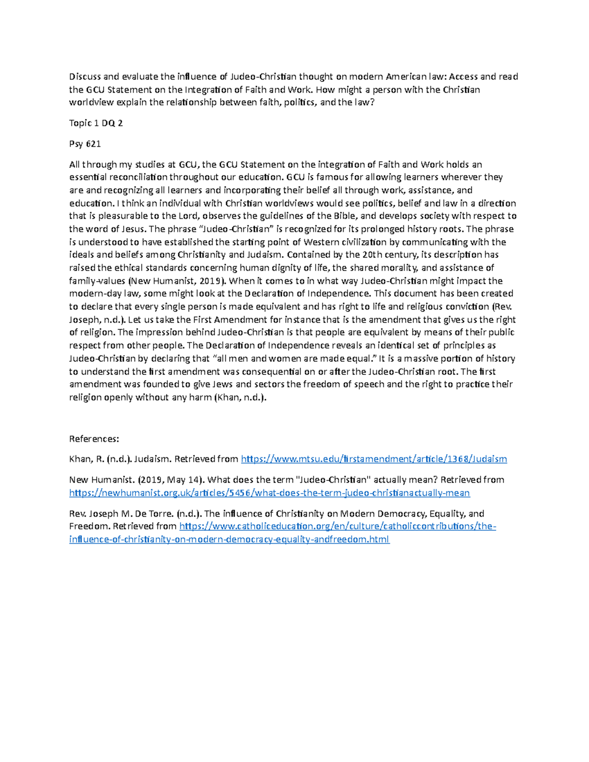 Law and religious - Discuss and evaluate the influence of Judeo ...